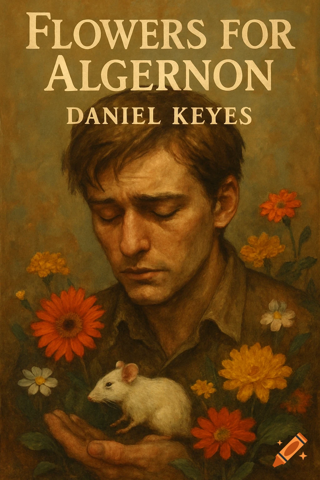 A man with closed eyes holds a mouse in his hand, surrounded by flowers ...