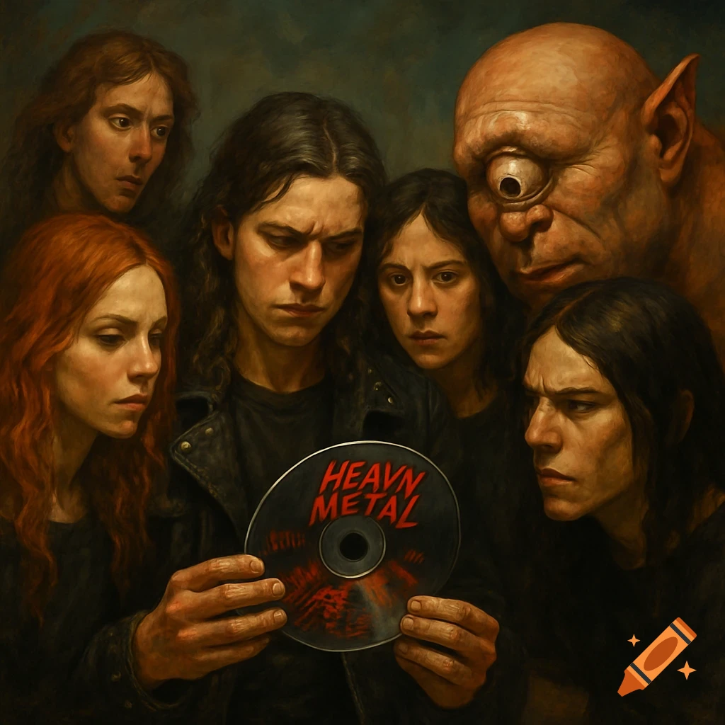 A group of people and a cyclops gaze intensely at a CD labeled 'HEAVN ...
