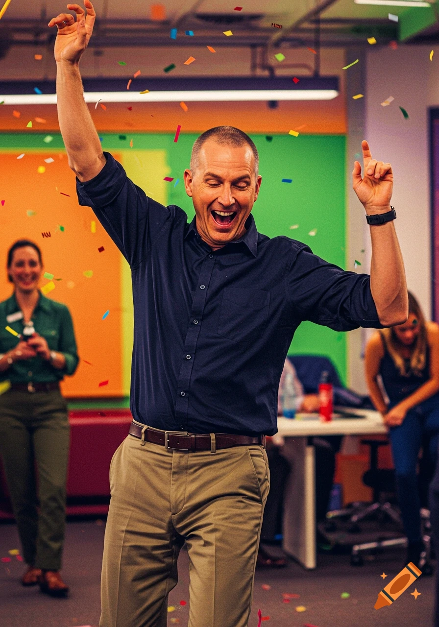 Man with arms raised celebrates with confetti falling in an office ...