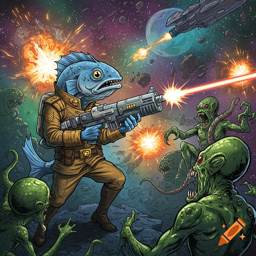 Comic book illustration of a fish soldier fighting green aliens in ...