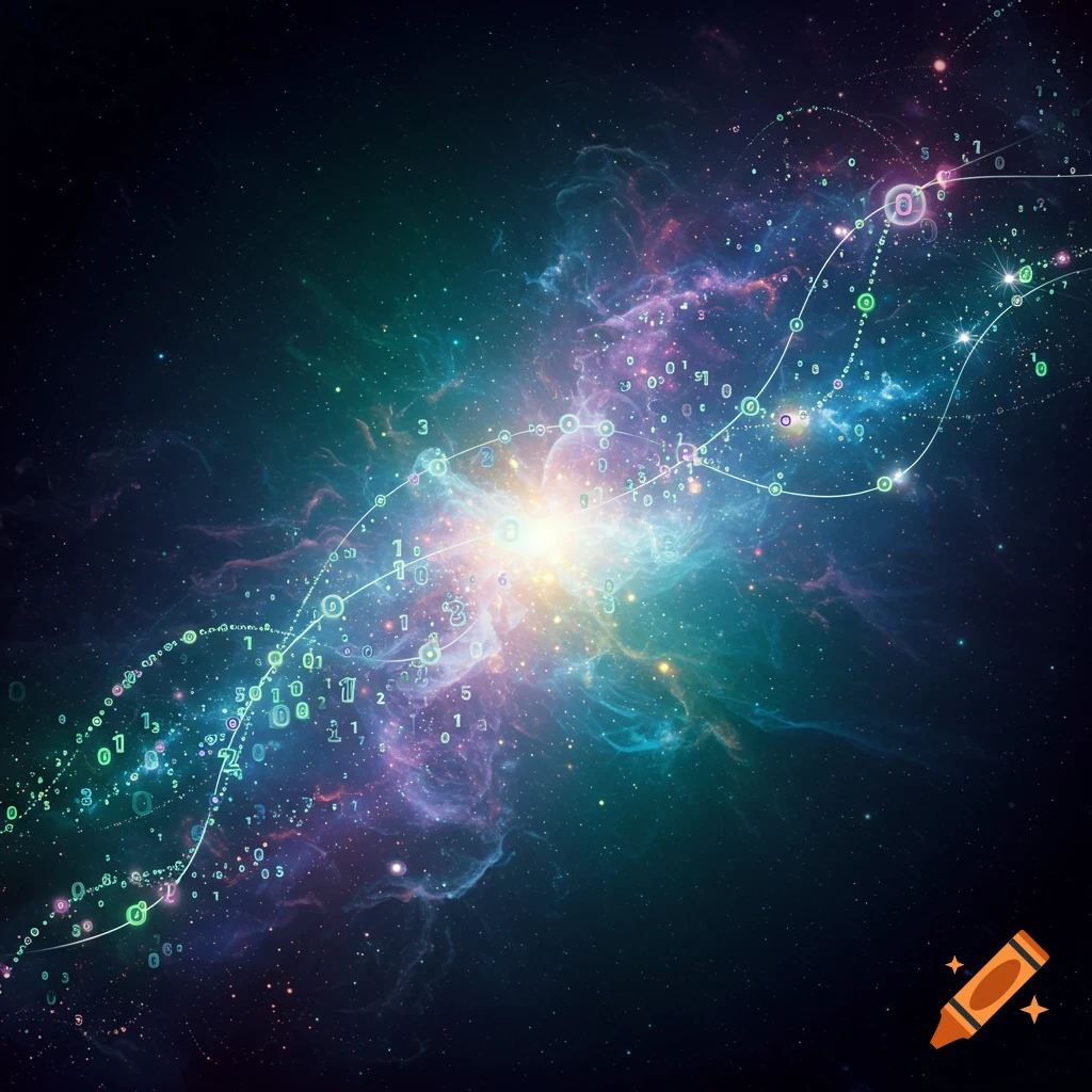 Luminous nebula in space with a curving line of interconnected data ...