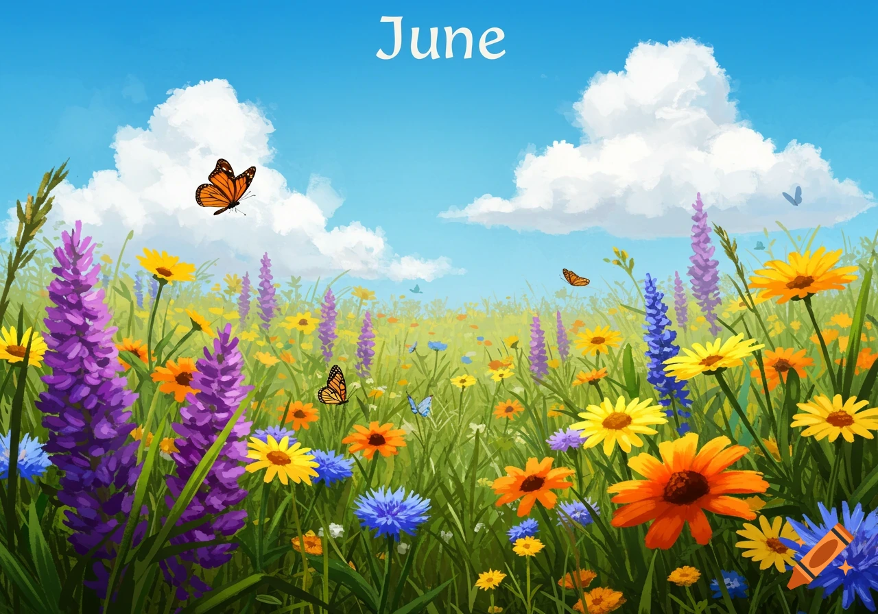 A field of colorful wildflowers with butterflies under a blue sky, and ...
