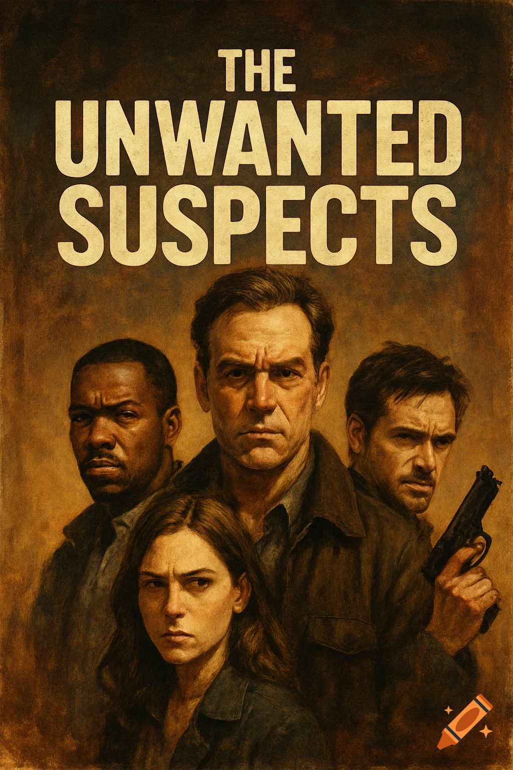 Movie poster for "The Unwanted Suspects" featuring four serious people ...