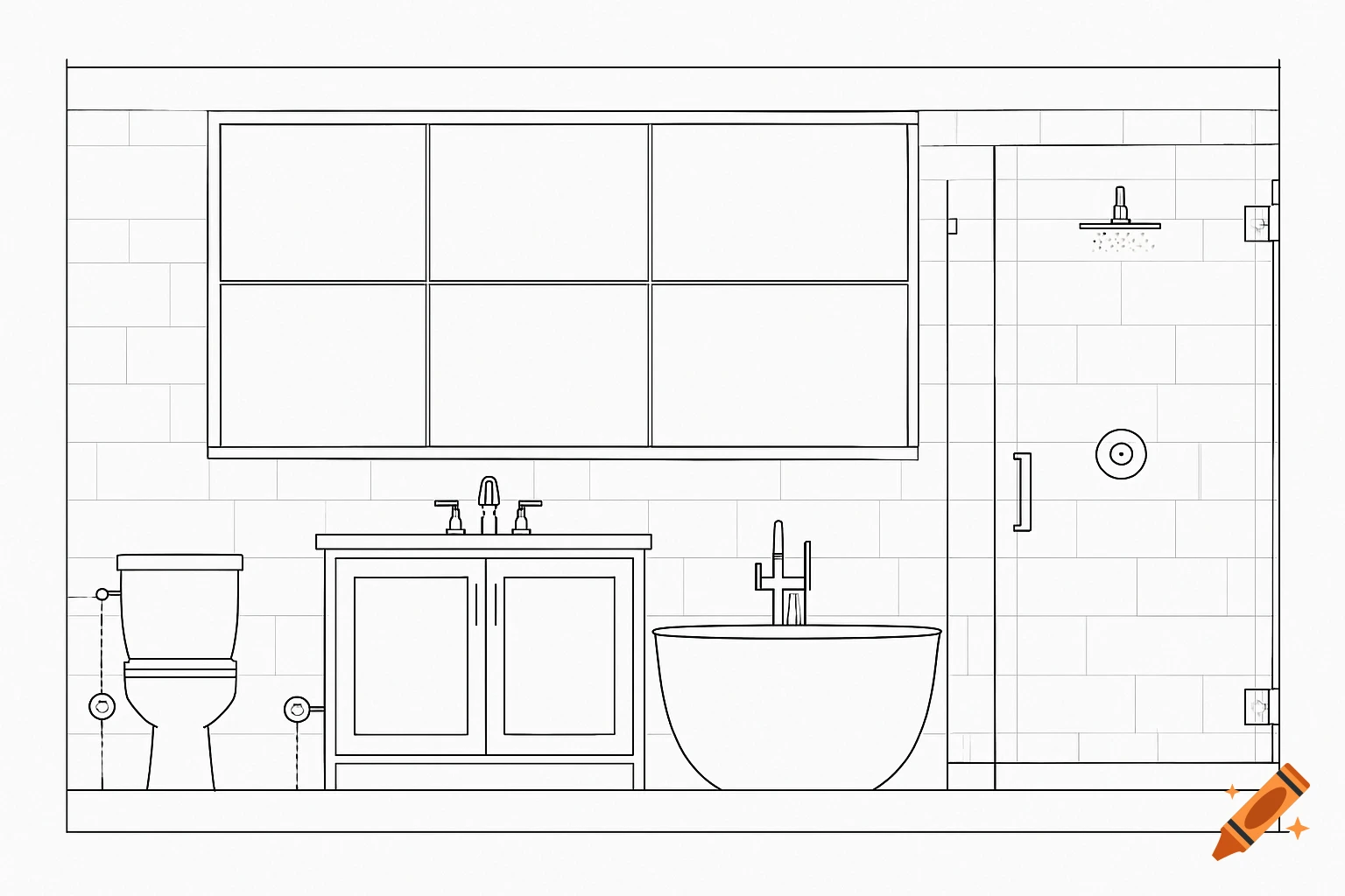Technical line drawing of a bathroom elevation with toilet, vanity ...