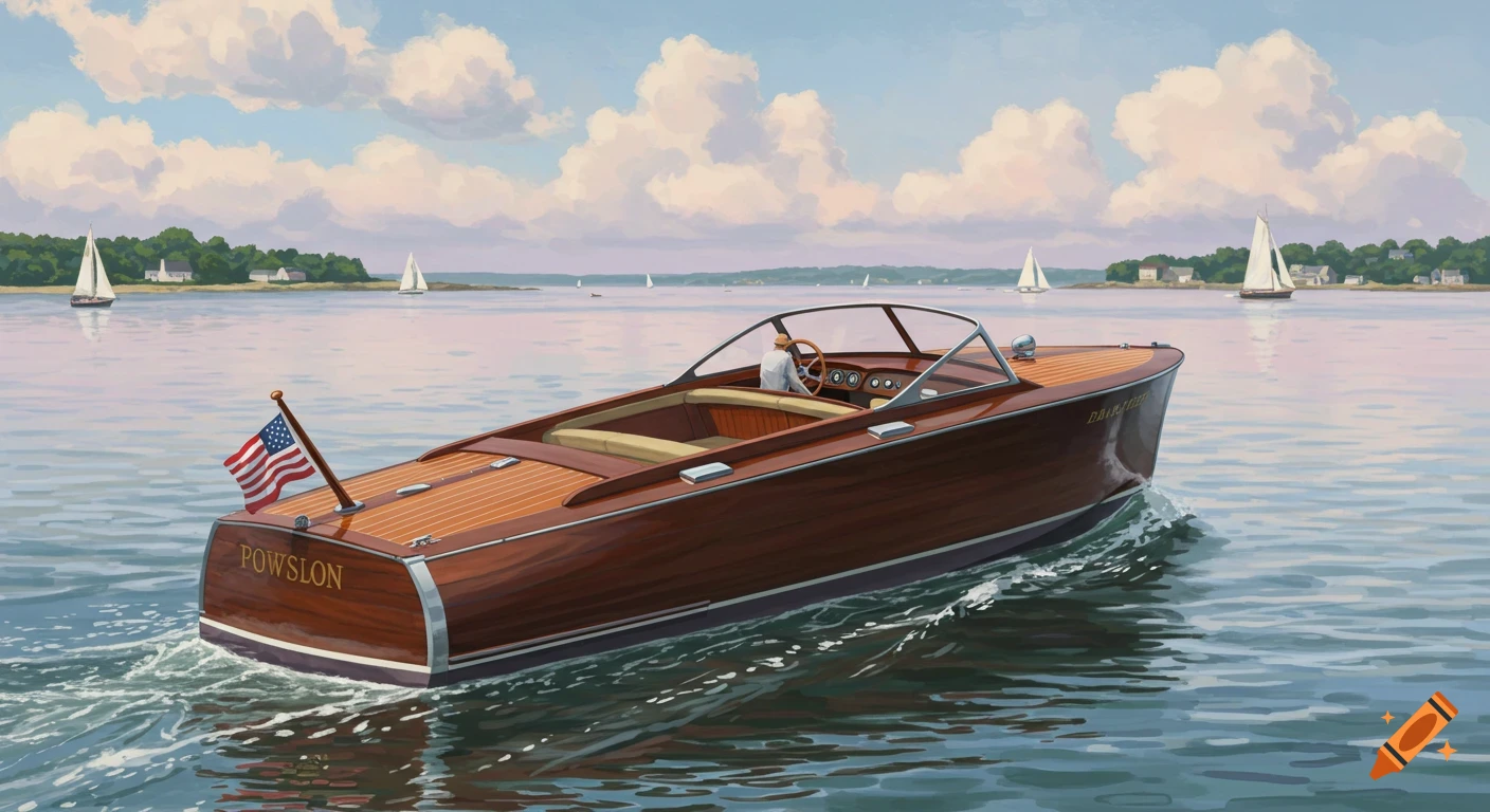 A wooden power boat cruises on water with sailboats and land in the ...