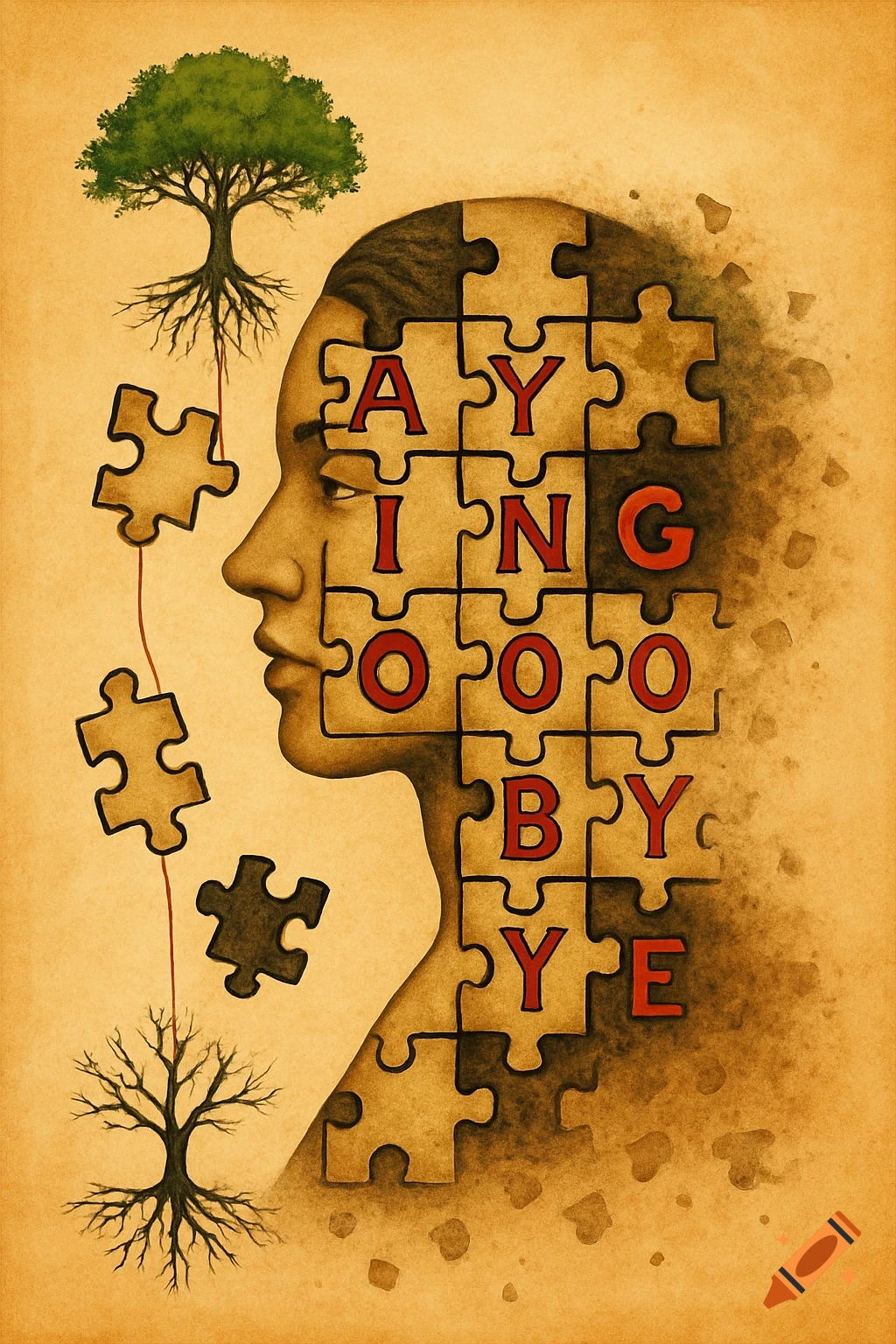 Surreal portrait of a person made of puzzle pieces spelling SAYING ...