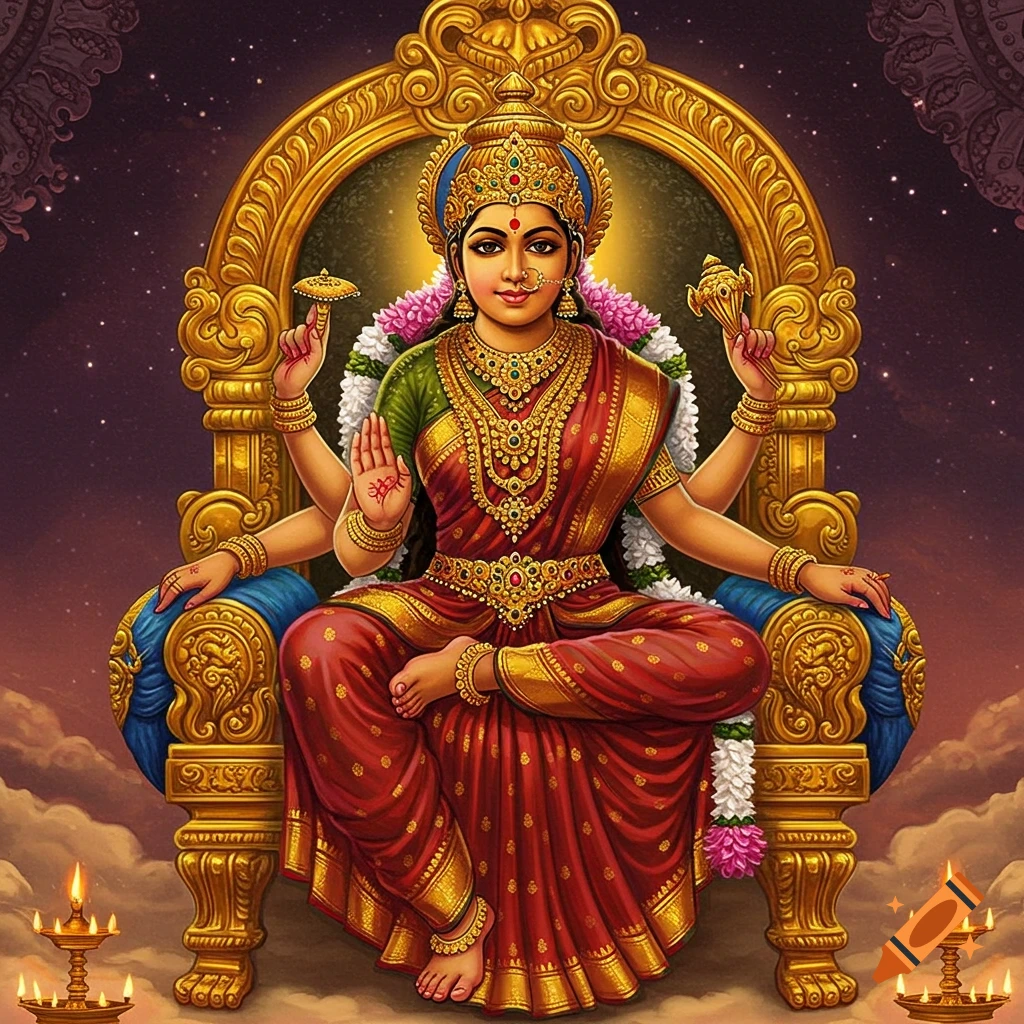 Hindu goddess with multiple arms seated on a golden throne, wearing ...