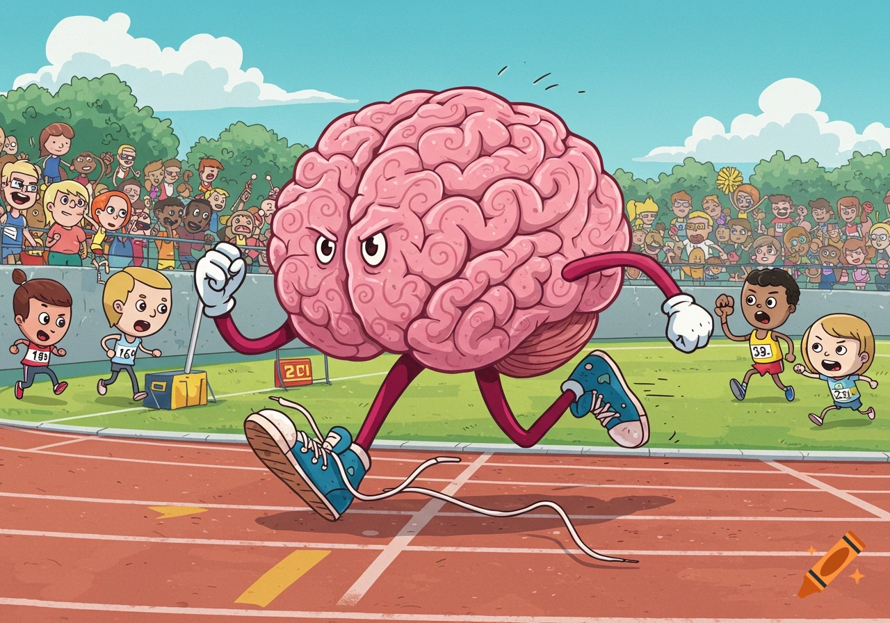 Cartoon brain with untied shoelaces running in a race with children on ...