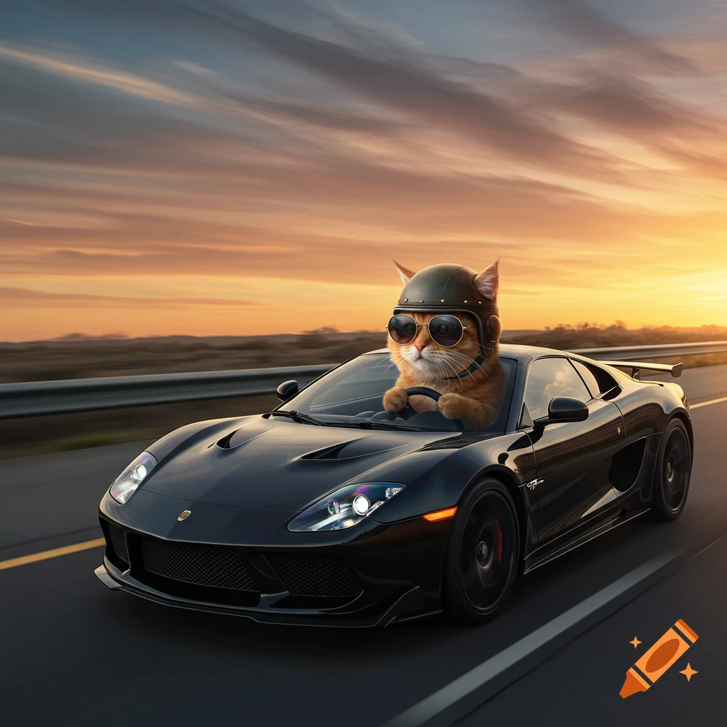An orange cat wearing a helmet and goggles drives a black supercar down ...