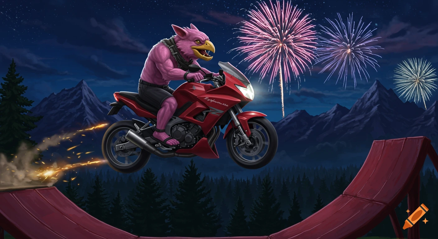 A pink bird-like creature rides a red motorcycle, jumping off a ramp at ...