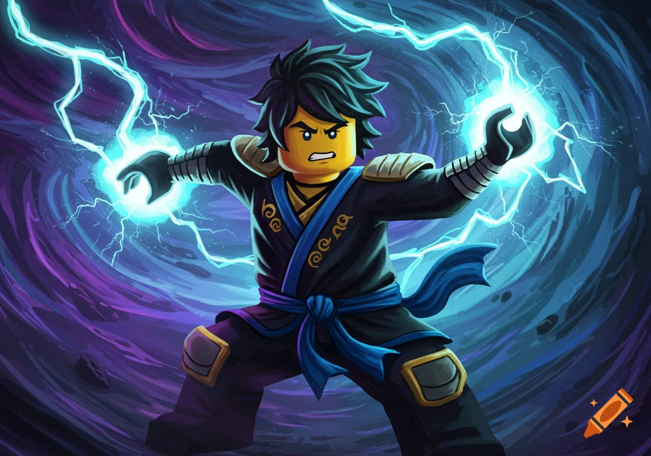 LEGO Ninjago character Jay using lightning powers against a swirly ...