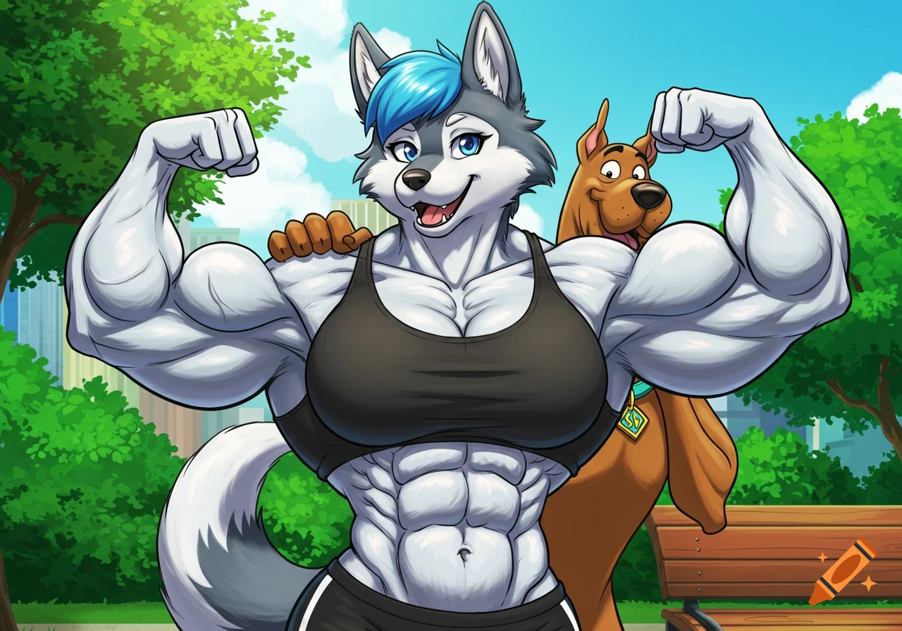 Muscular husky fursona flexing muscles next to Scooby Doo in a cartoon ...