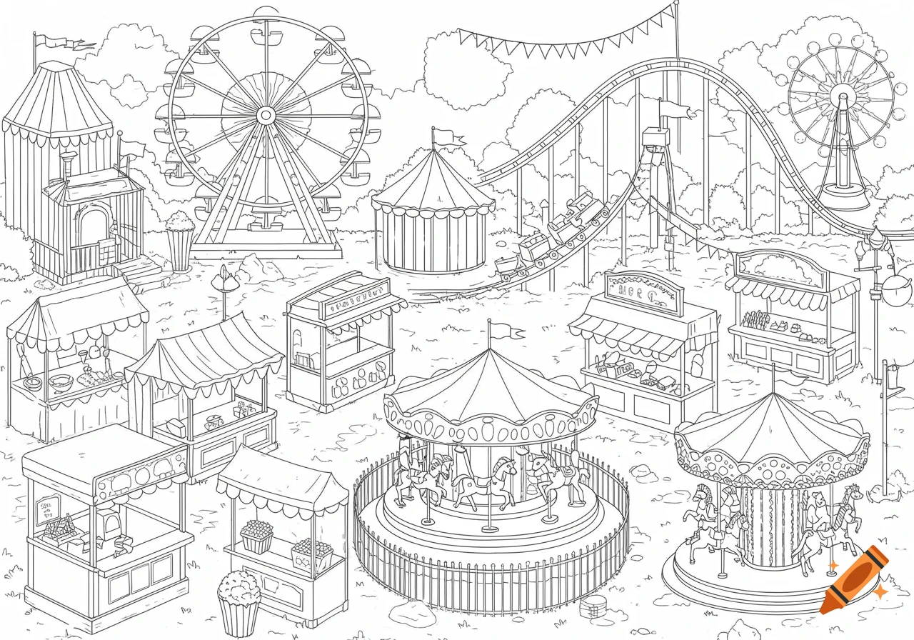 Line drawing of an amusement park with rides and stalls. on Craiyon