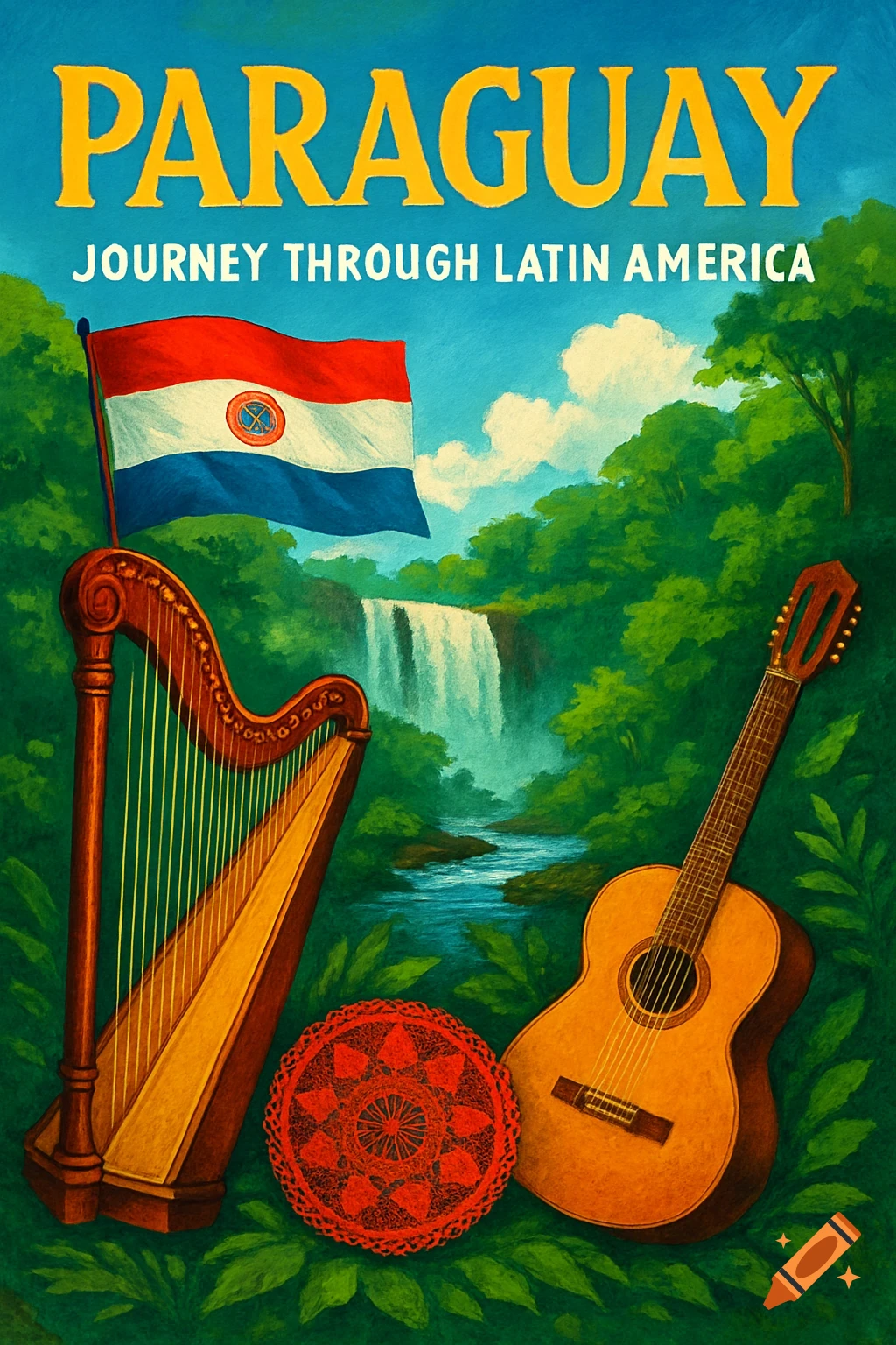 Vintage style travel poster for Paraguay featuring a flag, harp, guitar ...