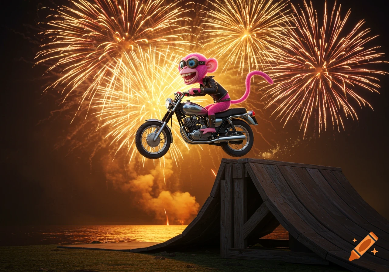 A pink monkey on a motorcycle jumps over a ramp with fireworks behind ...