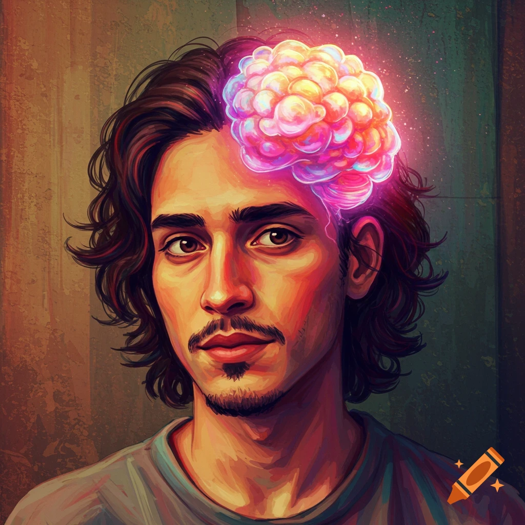 Portrait of a person with a glowing, colorful brain in an illustration ...