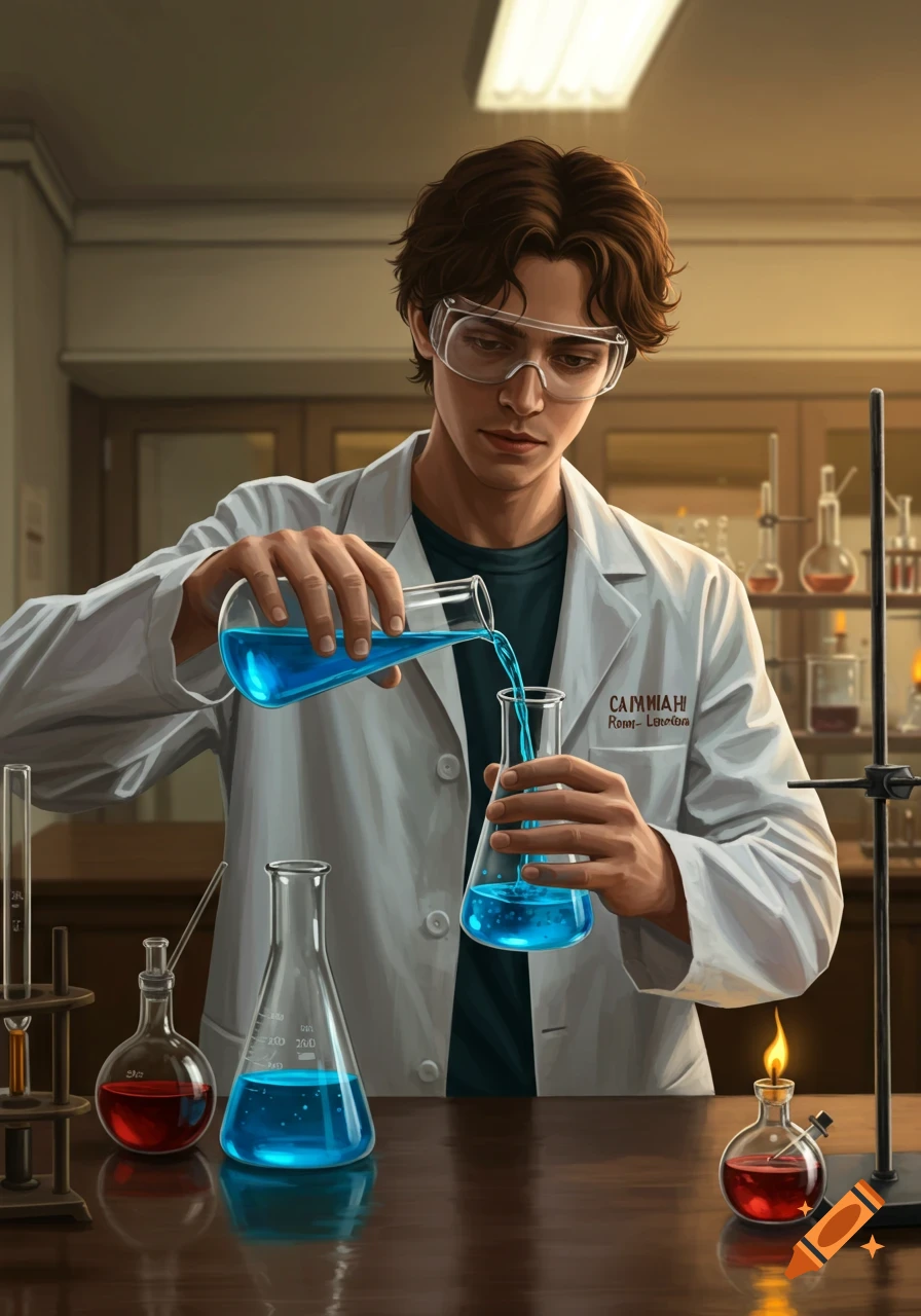 A person in a lab coat and goggles pours blue liquid between beakers in ...