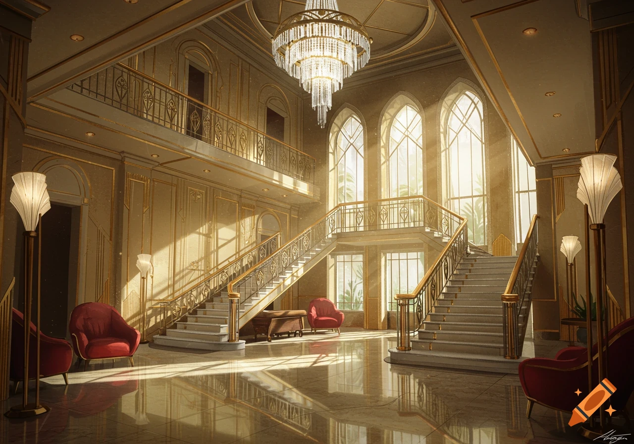 Grand art deco hotel lobby with a large staircase, red chairs, and ...