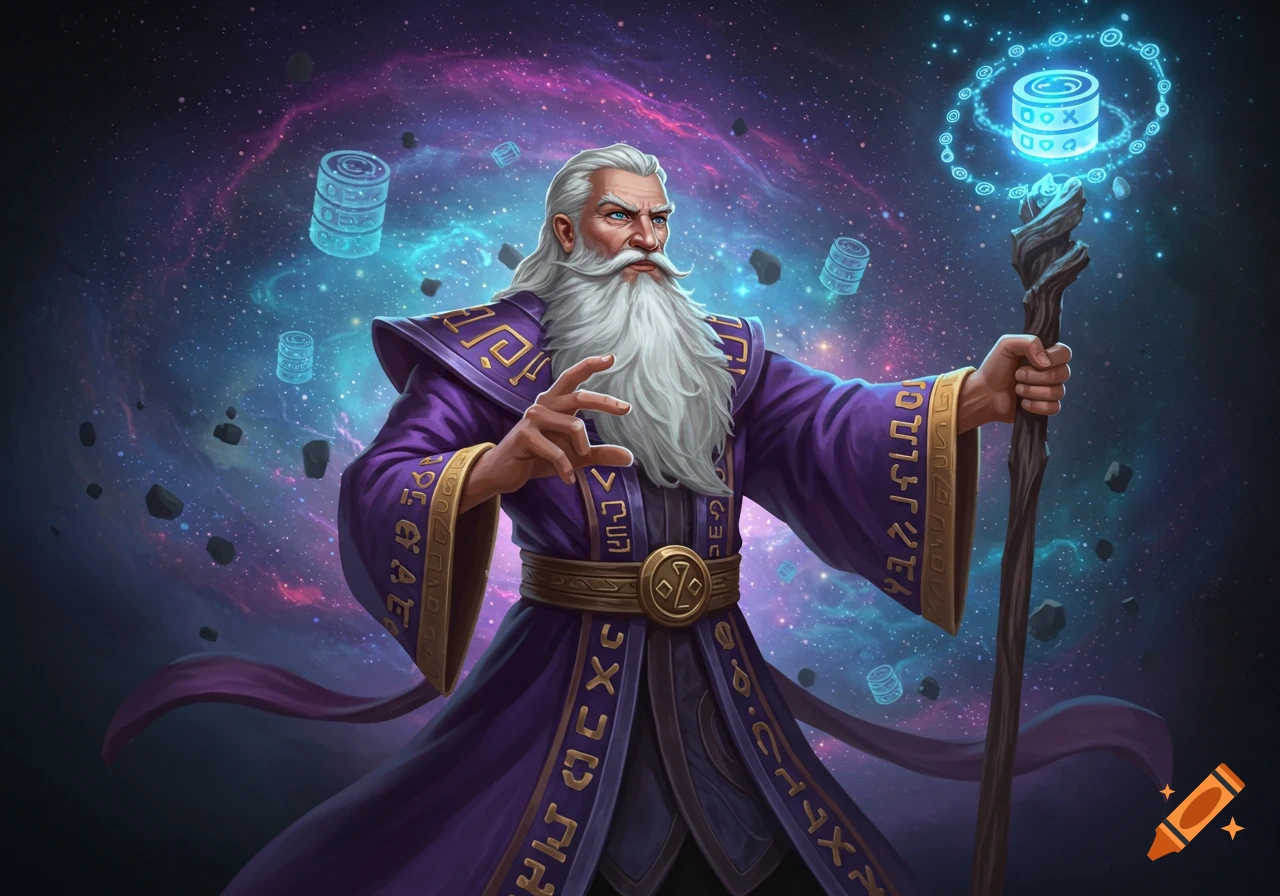 A white-bearded wizard in purple robes stands in space, holding a staff ...