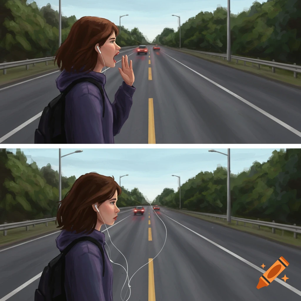 Illustration in two panels: top shows a girl shouting on a road, bottom ...