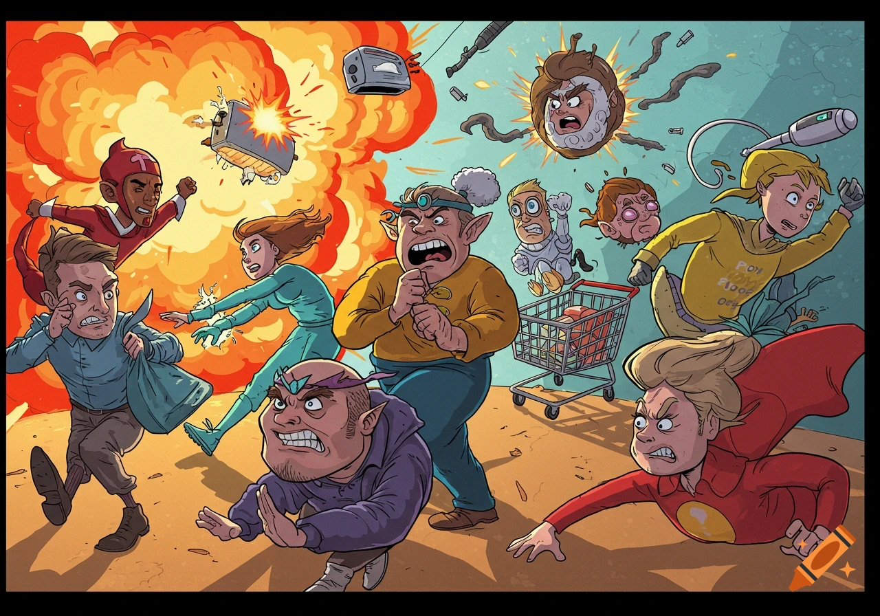 Chaotic cartoon scene with characters scattering from an explosion, a ...