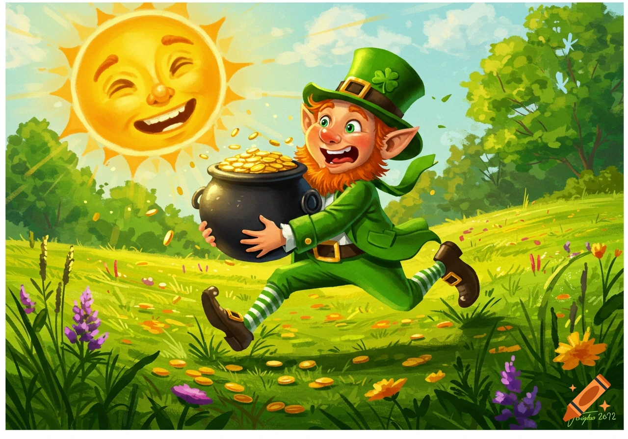 Cartoon illustration of a leprechaun running with a pot of gold from a ...