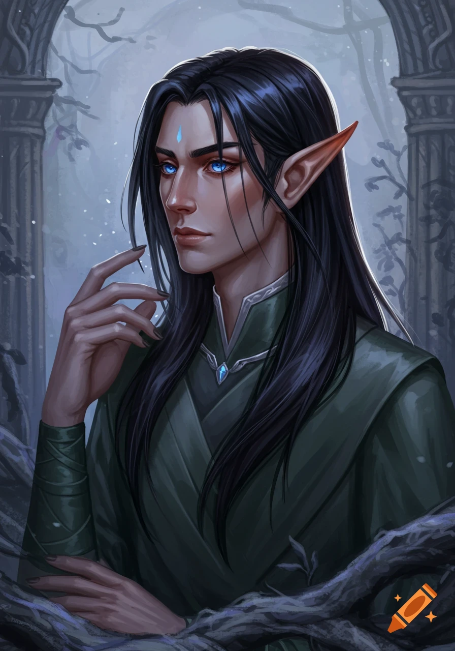 Digital painting portrait of a half elf with black hair and blue eyes ...