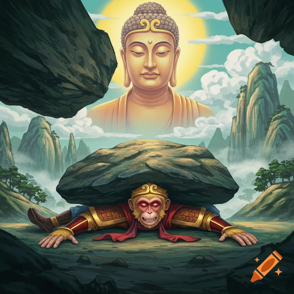 Sun Wukong, the Monkey King, trapped under a rock below a benevolent Buddha, in a stylized ...