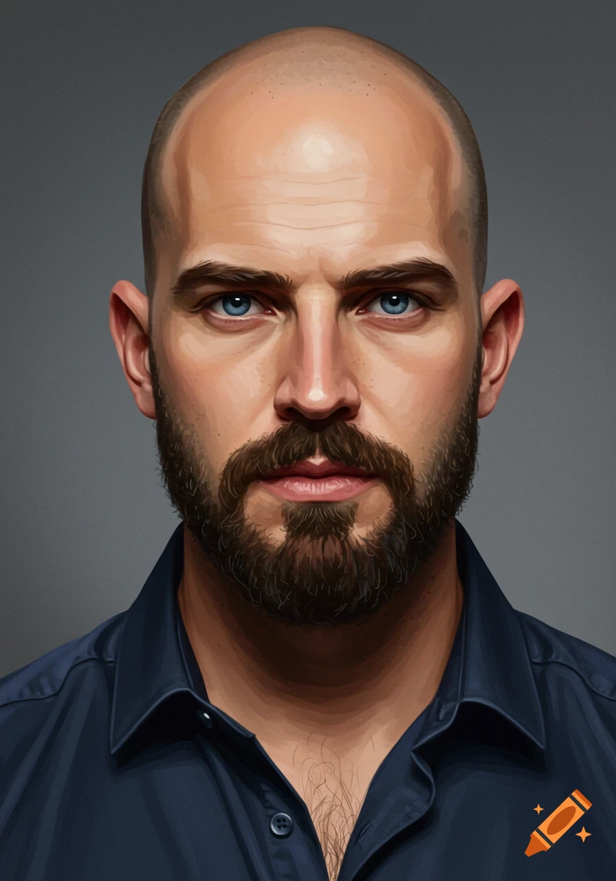 Stylized portrait of a bald man with a beard, blue eyes, wearing a blue ...