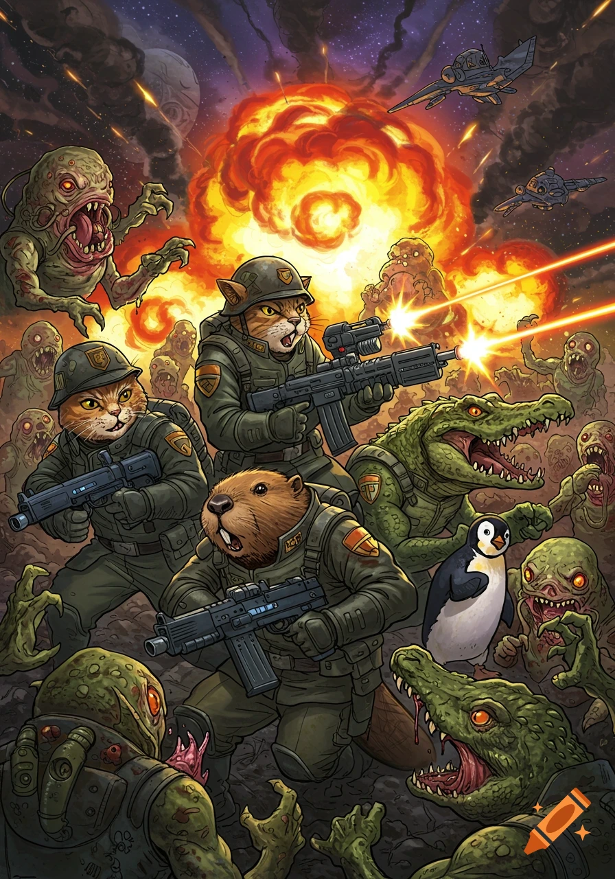 Illustration of animal soldiers fighting aliens in a sci-fi battle. on ...