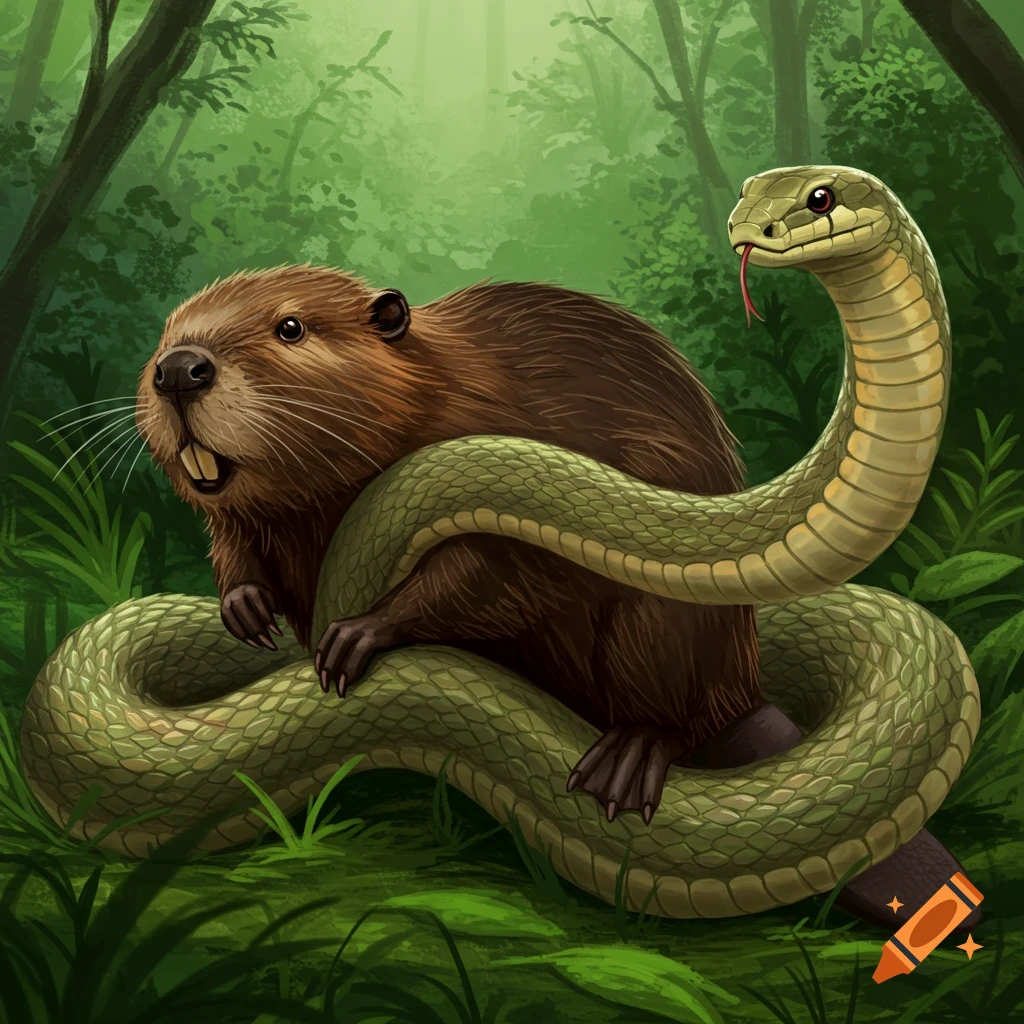 Illustration of a beaver wrapped in a green snake in a forest on Craiyon