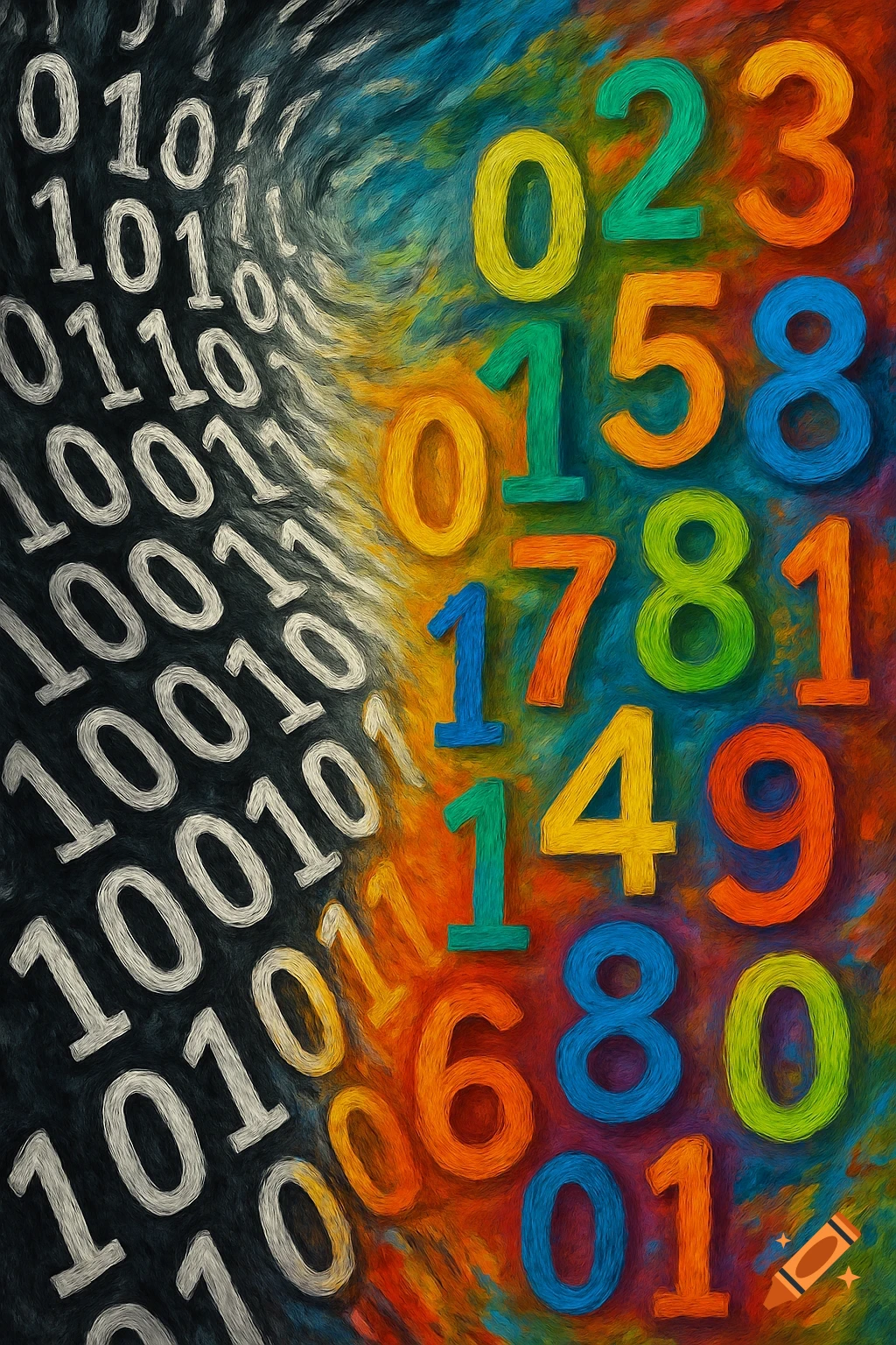 Painterly image showing white binary numbers on a black background ...