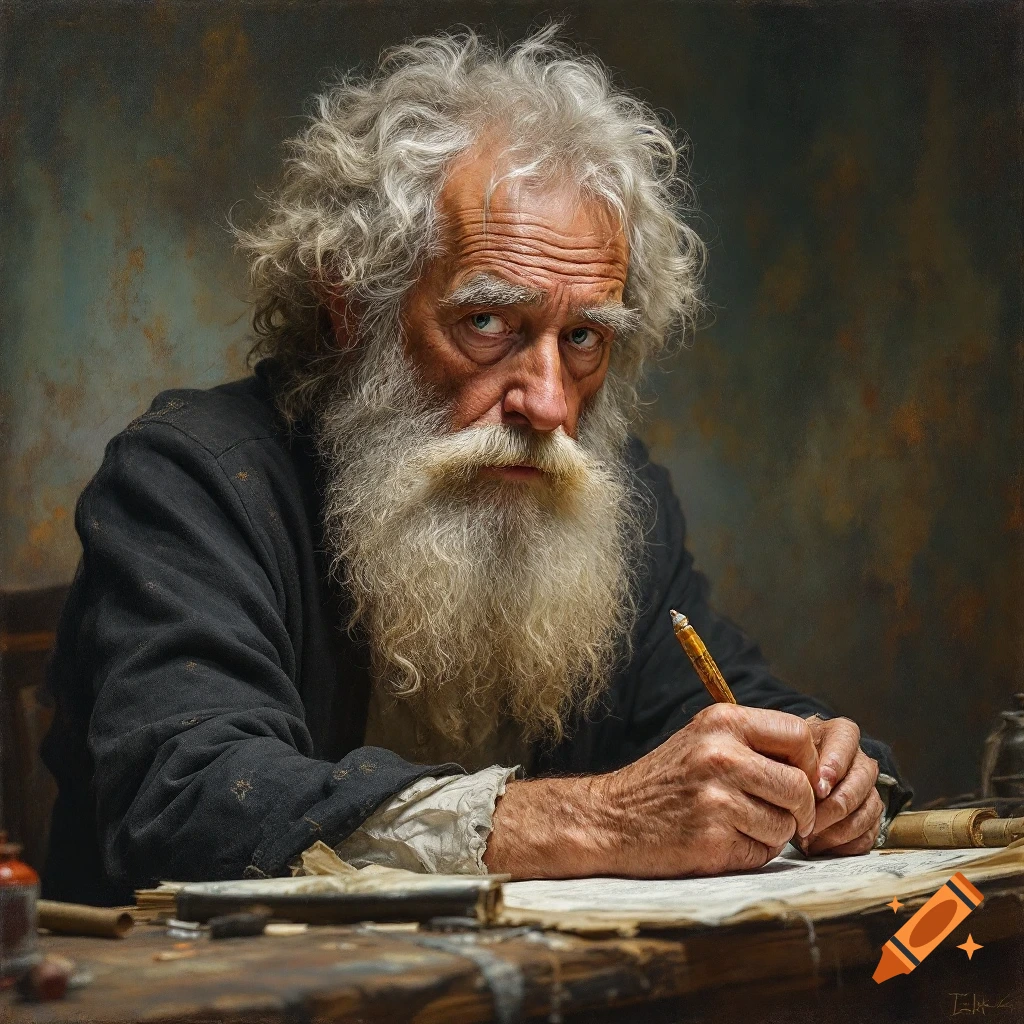 Old man with long grey beard writing at a desk, painterly style. on Craiyon