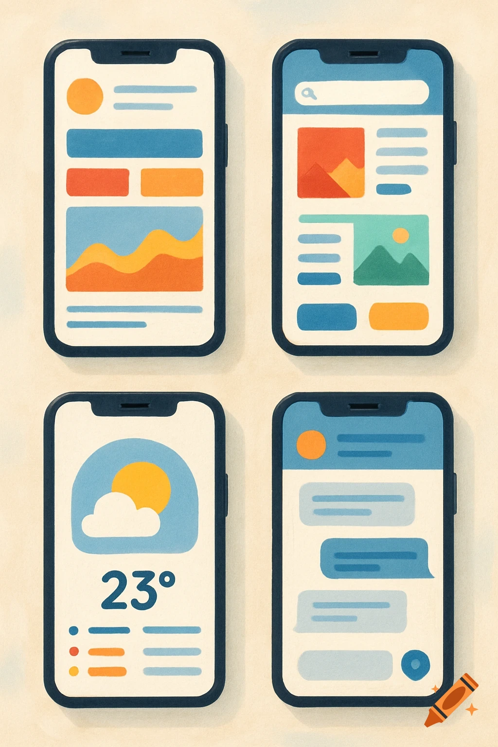Four stylized illustrations of mobile phone screens showing different ...