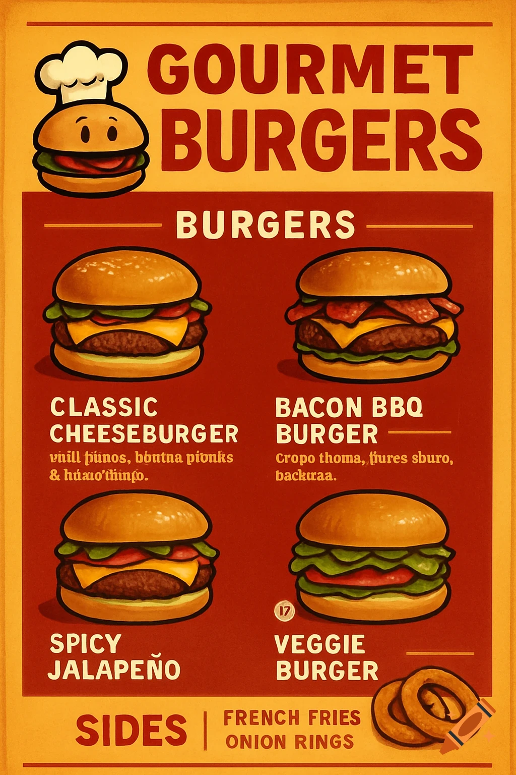 Poster menu for gourmet burgers showing classic cheeseburger, bacon bbq ...