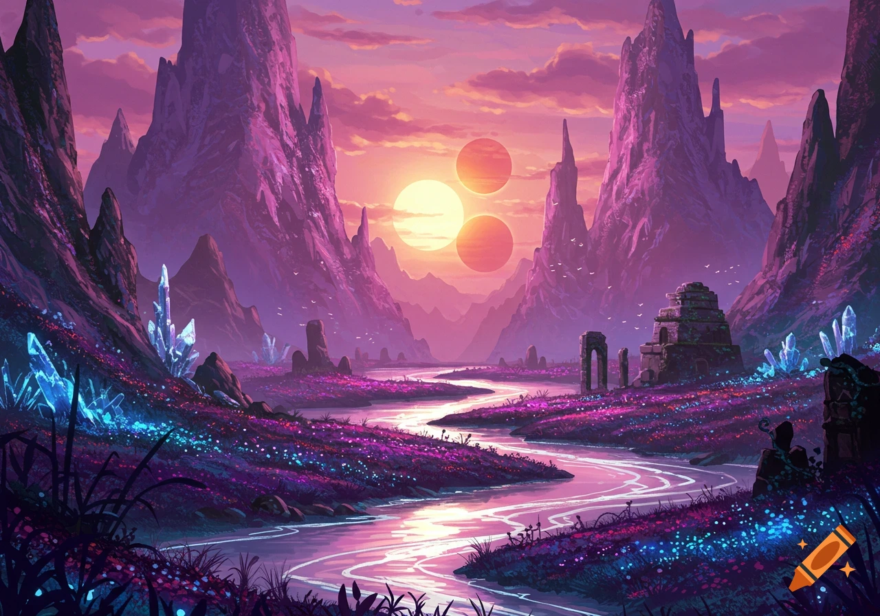 A vibrant fantasy landscape with purple mountains, winding river ...