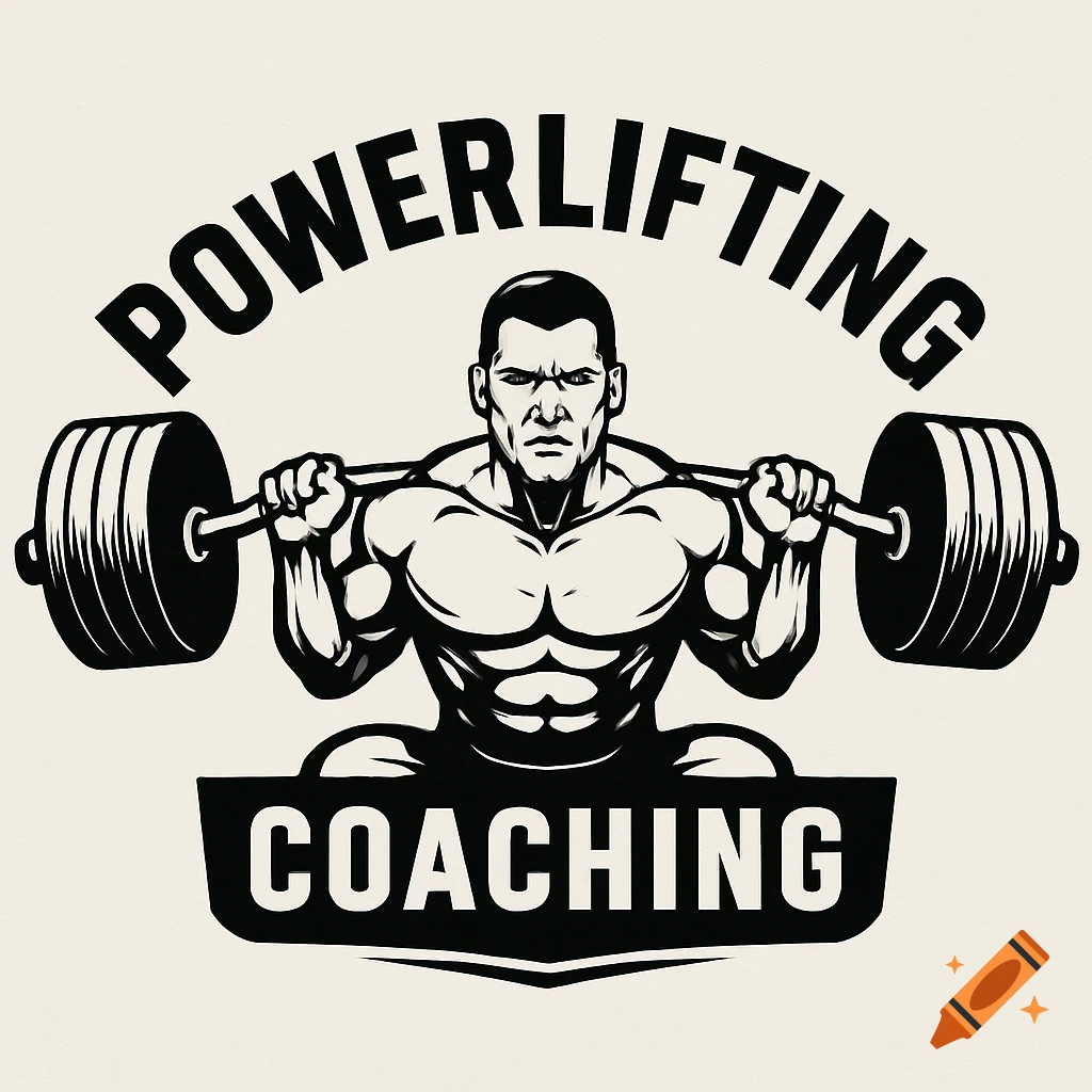 Black and white logo illustration of a muscular man squatting a barbell with 'Powerlifting ...