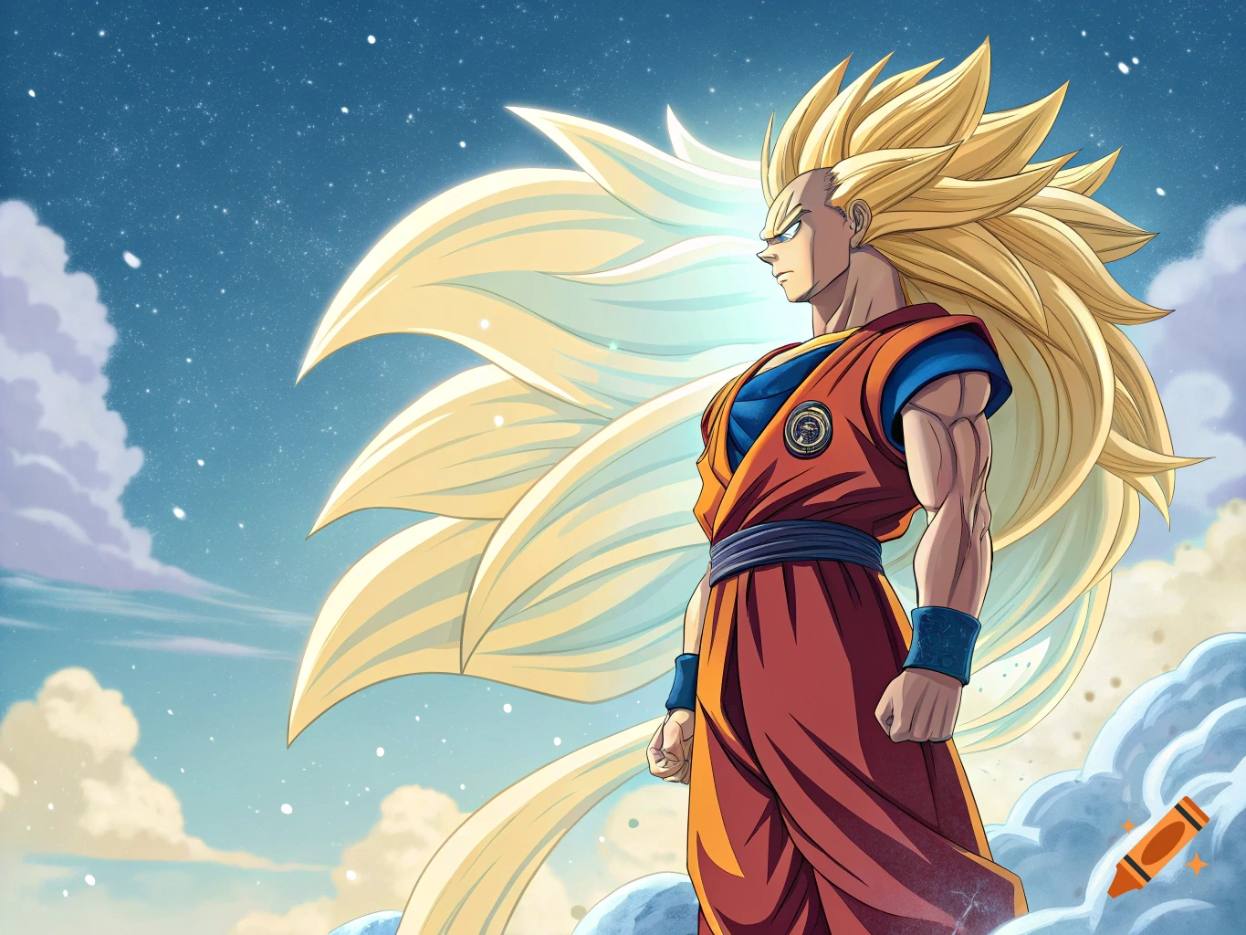 Goku in Super Saiyan 3 form stands against a starry sky with clouds in ...