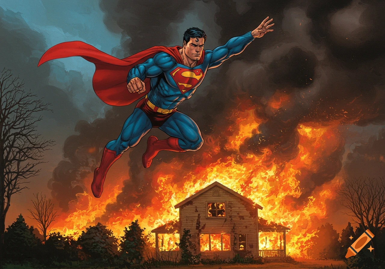 Superman flies over a burning house, comic book style illustration. on ...