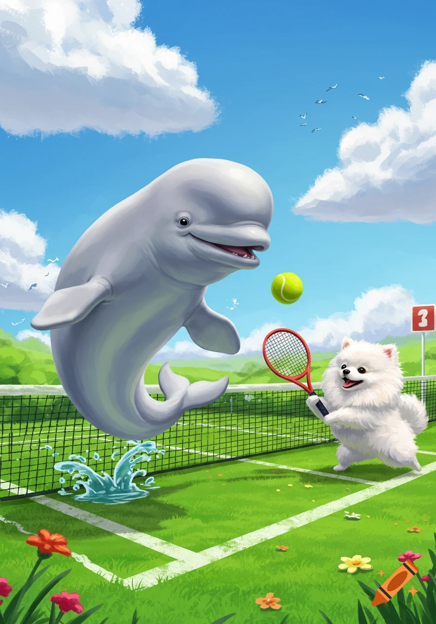 A beluga whale and a fluffy white dog play tennis on a sunny court. on ...