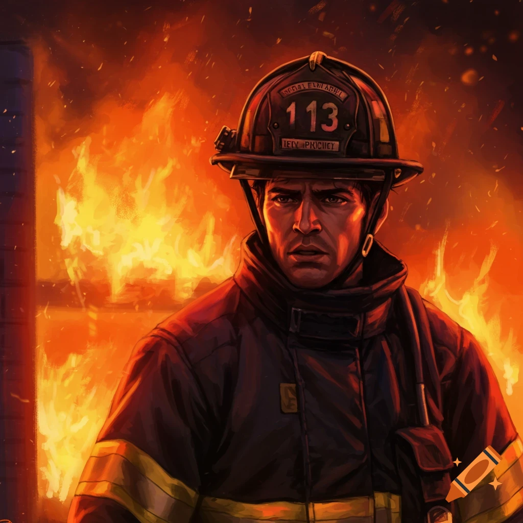 Illustration of a firefighter in front of a raging fire, wearing a ...