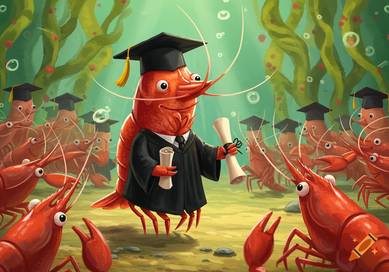 Cartoon shrimp wearing graduation caps and gowns underwater, holding ...