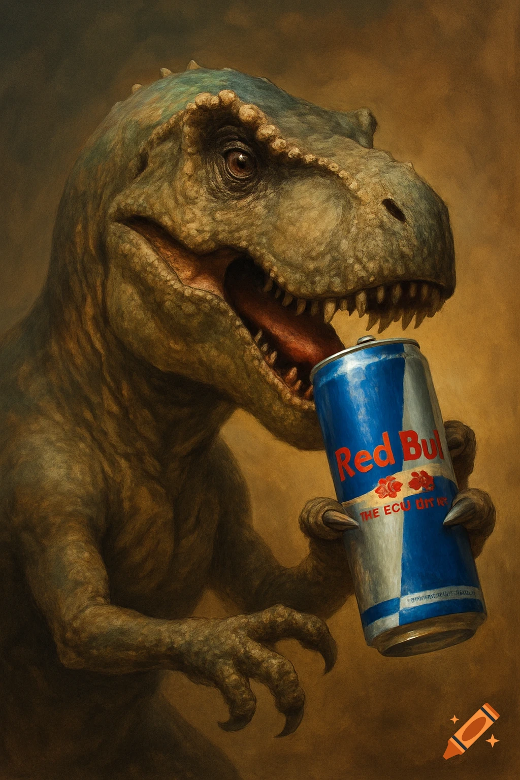 A T-Rex dinosaur holds and drinks from a Red Bull can in a painted ...