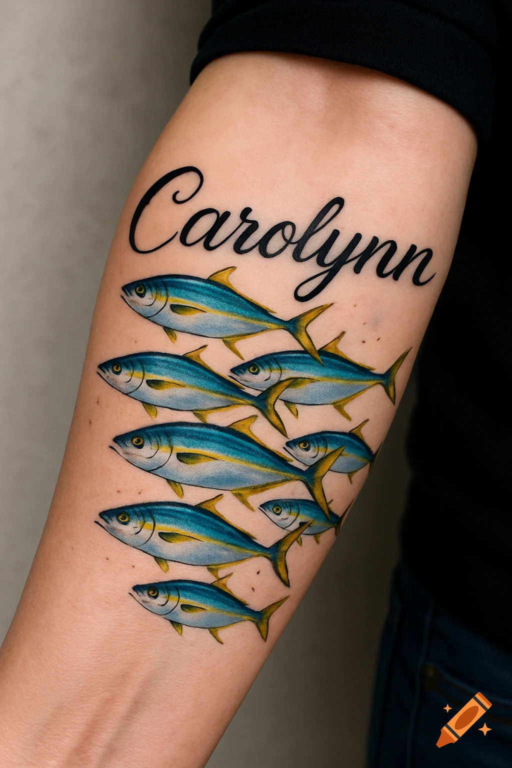 A tattoo of a school of yellowtail fish and the name Carolynn on a ...