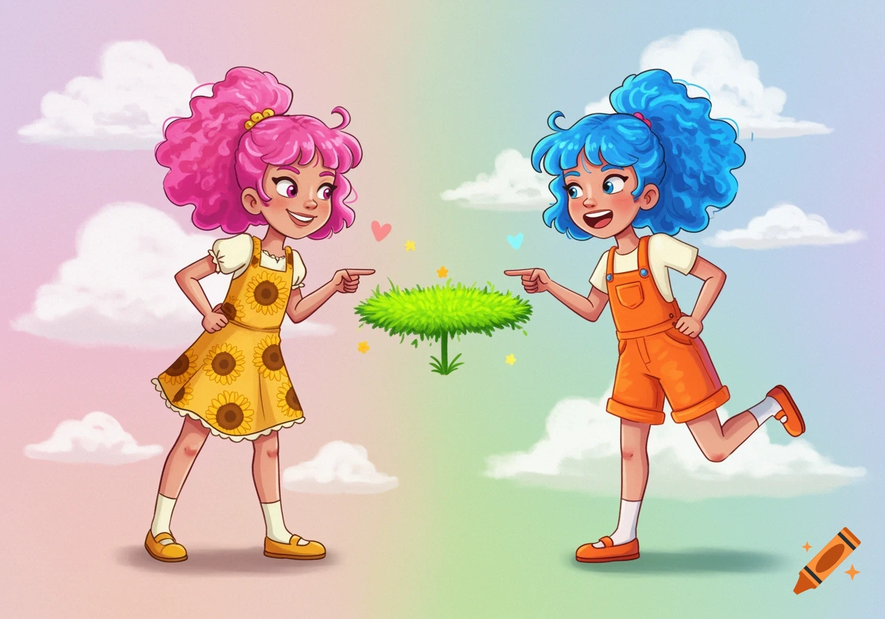 Illustration of two cartoon girls pointing at a floating patch of grass ...