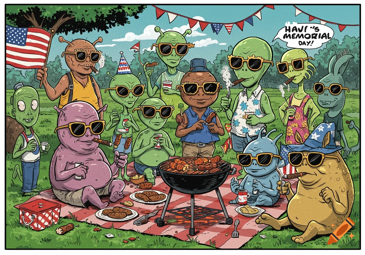 Cartoon of aliens having a Memorial Day barbecue, smoking cigars. on ...