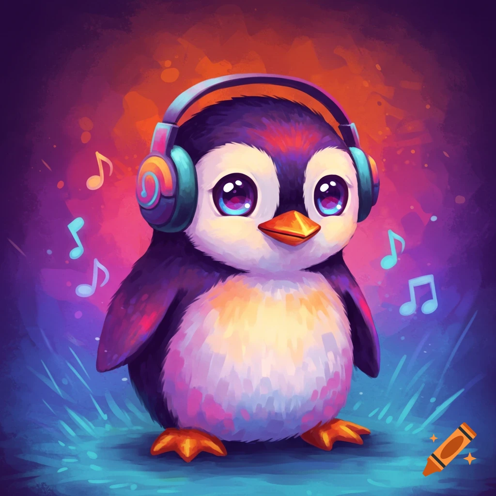 A cute, colorful penguin wears headphones while musical notes float ...