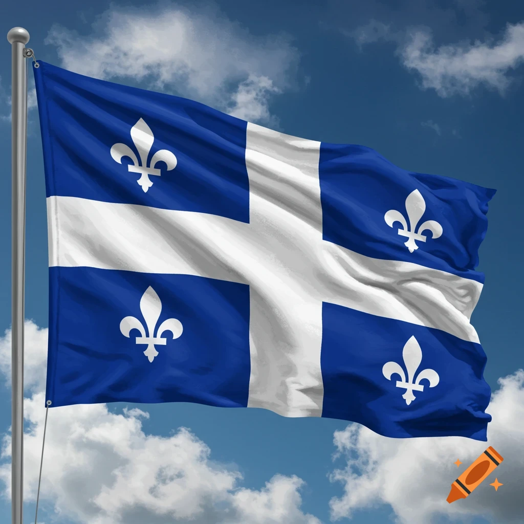 A Quebec flag waves in the wind against a blue sky with clouds. on Craiyon
