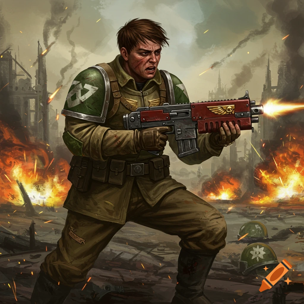 Warhammer 40k Imperial Guardsman firing a laser rifle in a battle scene ...