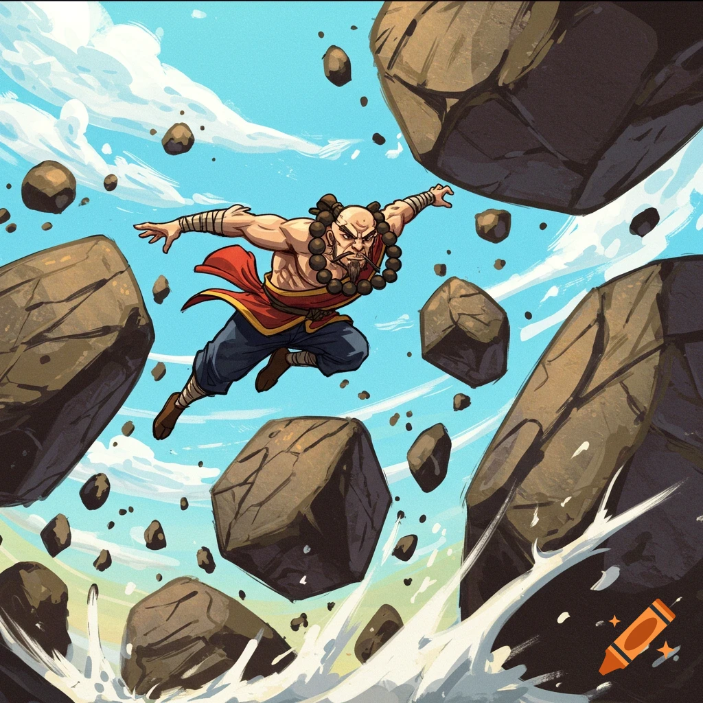 Illustrated figure flying through the air surrounded by large flying ...